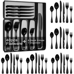 black silverware set with steak knives, flatware set organizer drawer tray kitchen utensils tableware service matte cutlery stainless steel knife fork spoons for 5 mirror polished dishware safe