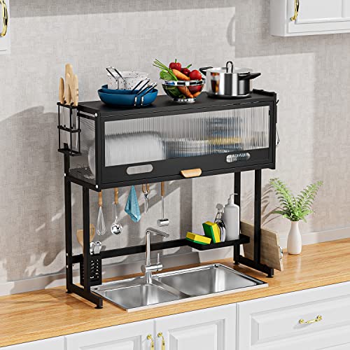 NETEL Over The Sink Dish Drying Rack, 2 Tier Clear Dustproof Cabinet Door Design and Stable Suction Cup Base for Space-Saving Kitchen Counter Organization (Black, 33.5 * 12.6 * 30.3 inches)