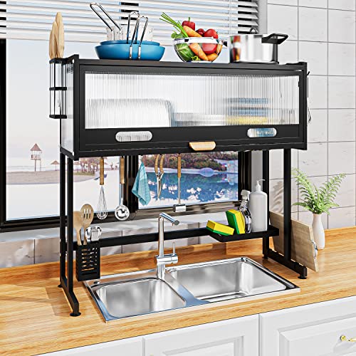 NETEL Over The Sink Dish Drying Rack, 2 Tier Clear Dustproof Cabinet Door Design and Stable Suction Cup Base for Space-Saving Kitchen Counter Organization (Black, 33.5 * 12.6 * 30.3 inches)