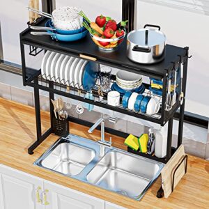 NETEL Over The Sink Dish Drying Rack, 2 Tier Clear Dustproof Cabinet Door Design and Stable Suction Cup Base for Space-Saving Kitchen Counter Organization (Black, 33.5 * 12.6 * 30.3 inches)