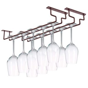 mocoum 2 pack 15.6" wine glass rack under cabinet stemware rack, wine glass hangers rack wire wine glass holder storage hanger hold up to 10 wine glasses for cabinet kitchen bar (brown, 2 pack)