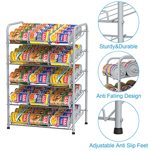 HEOMU 5 Tier Can Rack Organizer, Can Storage Dispenser Holder, Canned Food Storage Organizer for Kitchen Pantry Cabinets Organization and Storage, Silver