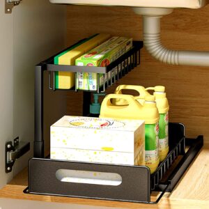 under sink organizer, furihshe kitchen storage pull out double shelf drawer 2-tier slide out sliding shelf under cabinet storage multi-use for under kitchen sink organizers and storage, black