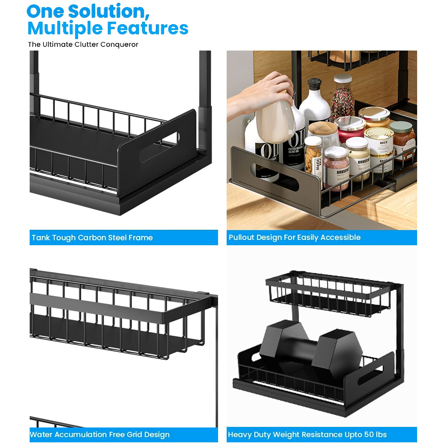 Under sink organizer, Furihshe kitchen storage pull out double shelf drawer 2-Tier Slide Out Sliding Shelf Under Cabinet Storage Multi-Use for Under kitchen sink organizers and storage, Black