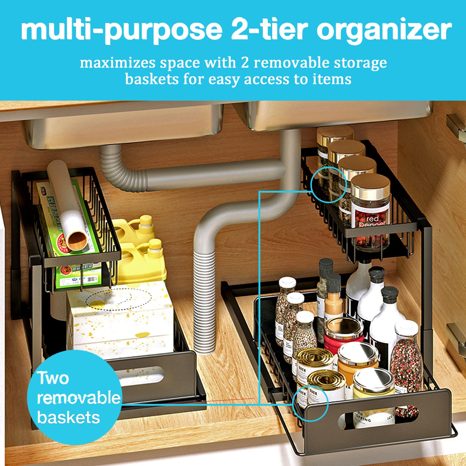 Under sink organizer, Furihshe kitchen storage pull out double shelf drawer 2-Tier Slide Out Sliding Shelf Under Cabinet Storage Multi-Use for Under kitchen sink organizers and storage, Black