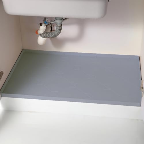 Under Sink Mat, 34" x 22" Waterproof Silicone Under Sink Liner,Under Sink Mat Kitchen & Bathroom Cabinet Liner, Raised Edge Under Sink Cabinet Mat,Prevent Drips, Leaks, Spills (Gray)