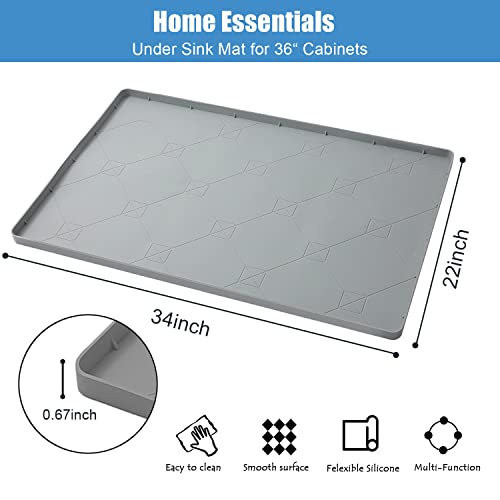 Under Sink Mat, 34" x 22" Waterproof Silicone Under Sink Liner,Under Sink Mat Kitchen & Bathroom Cabinet Liner, Raised Edge Under Sink Cabinet Mat,Prevent Drips, Leaks, Spills (Gray)