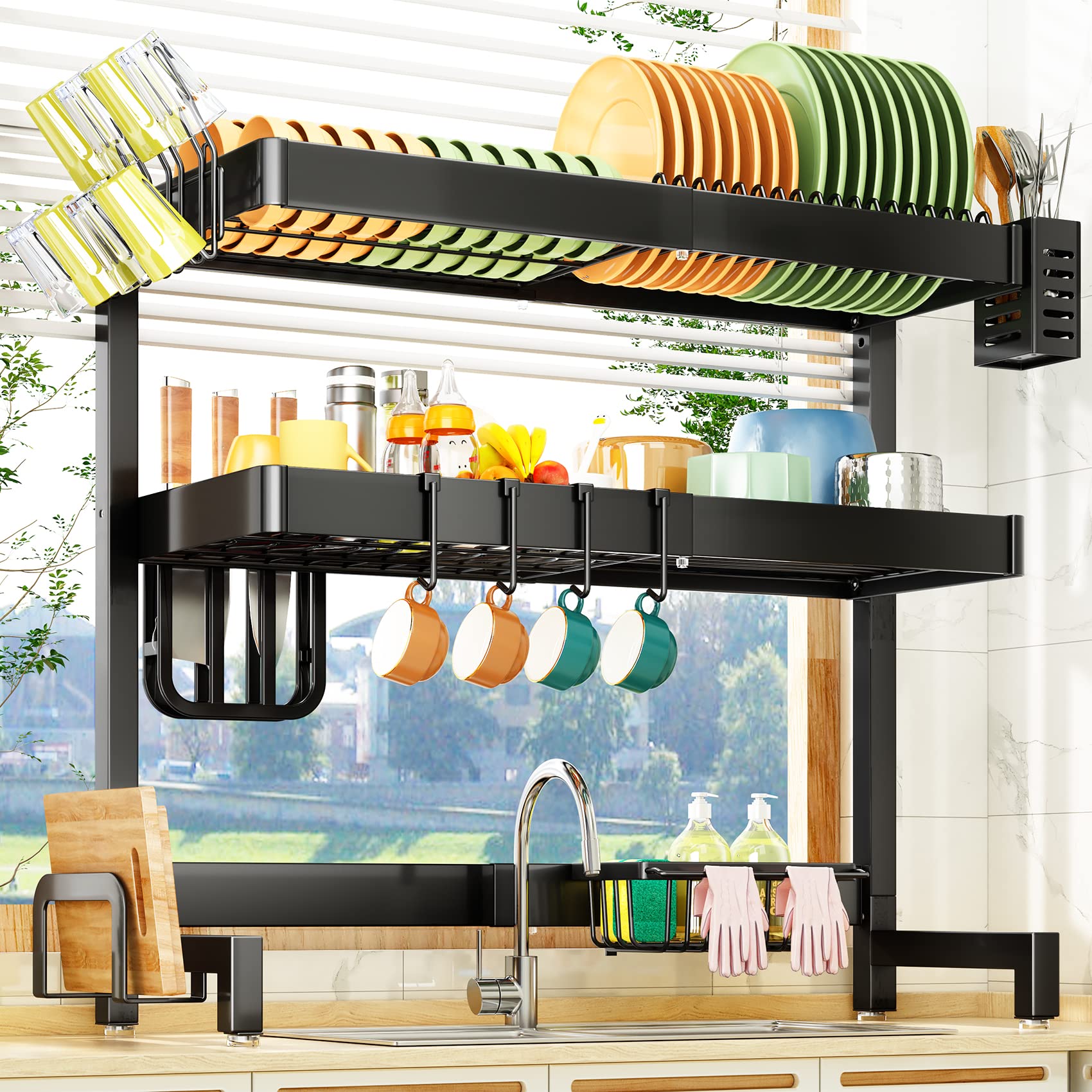 Over The Sink Dish Drying Rack, 3 Tier Dish Drying Rack Auto-Drain Expandable (19.9 to 34 inch) Kitchen Counter Dish Drainer Rack with Metal Steel Utensil Cup Holder Sink Caddy, Black