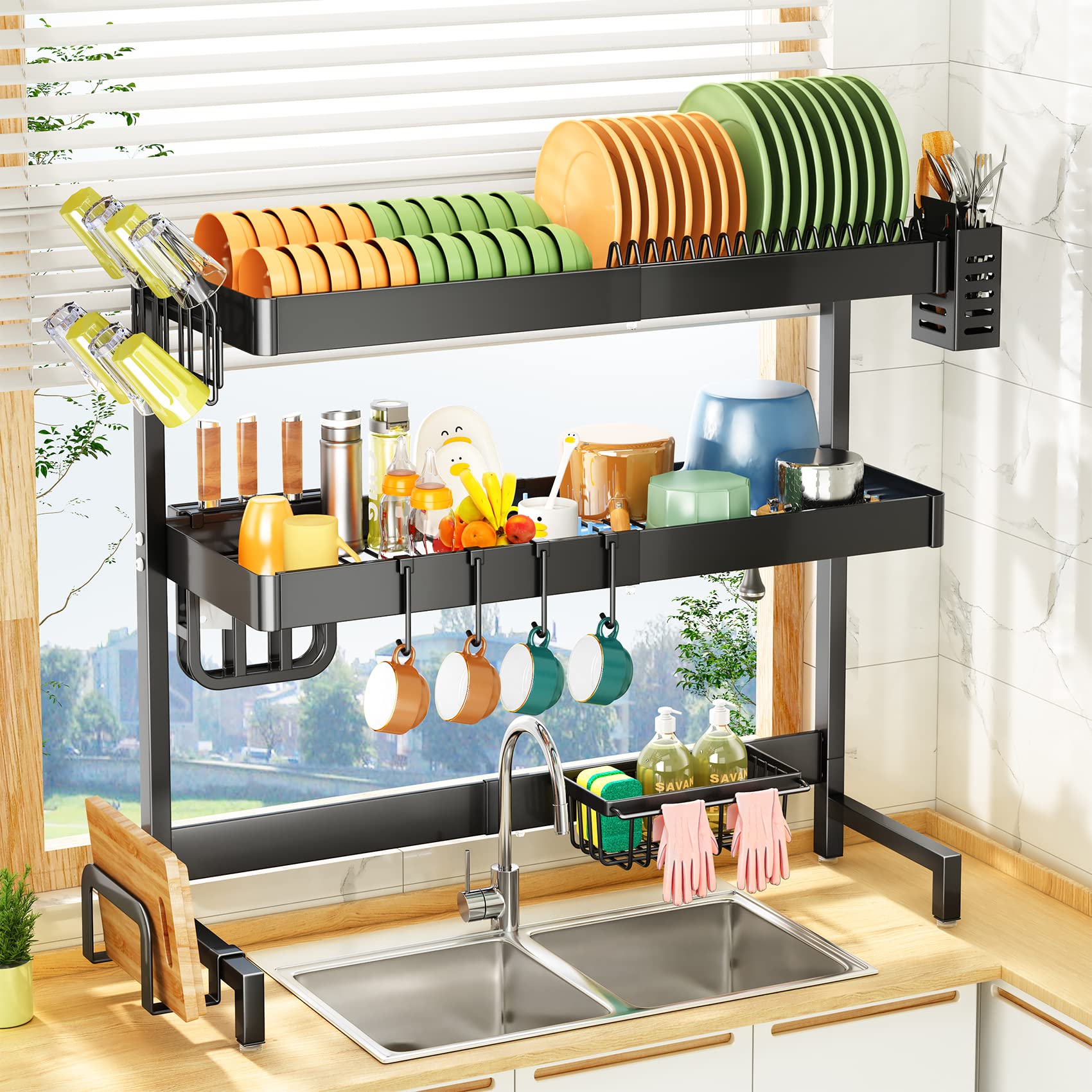 Over The Sink Dish Drying Rack, 3 Tier Dish Drying Rack Auto-Drain Expandable (19.9 to 34 inch) Kitchen Counter Dish Drainer Rack with Metal Steel Utensil Cup Holder Sink Caddy, Black