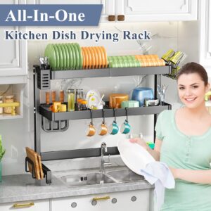 Over The Sink Dish Drying Rack, 3 Tier Dish Drying Rack Auto-Drain Expandable (19.9 to 34 inch) Kitchen Counter Dish Drainer Rack with Metal Steel Utensil Cup Holder Sink Caddy, Black