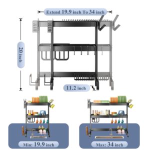 Over The Sink Dish Drying Rack, 3 Tier Dish Drying Rack Auto-Drain Expandable (19.9 to 34 inch) Kitchen Counter Dish Drainer Rack with Metal Steel Utensil Cup Holder Sink Caddy, Black