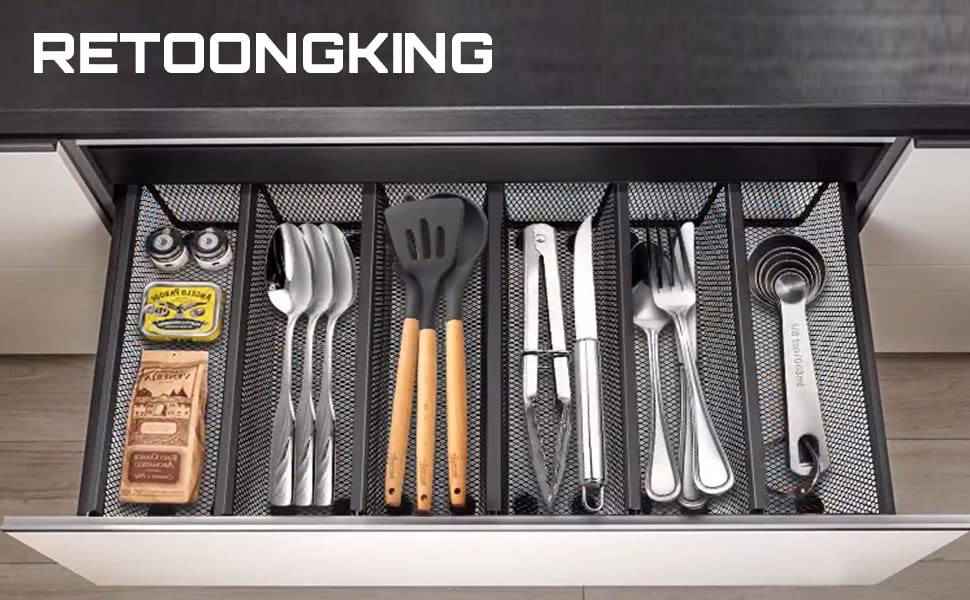 RETOONGKING Stackable mesh drawer organizer,6pc silverware organizer for Kitchen,Utensil metal drawer organizer with Interlocking Arm for Flatware, Knives, Pen, Cosmetic 9 x 3 x 2 Inch