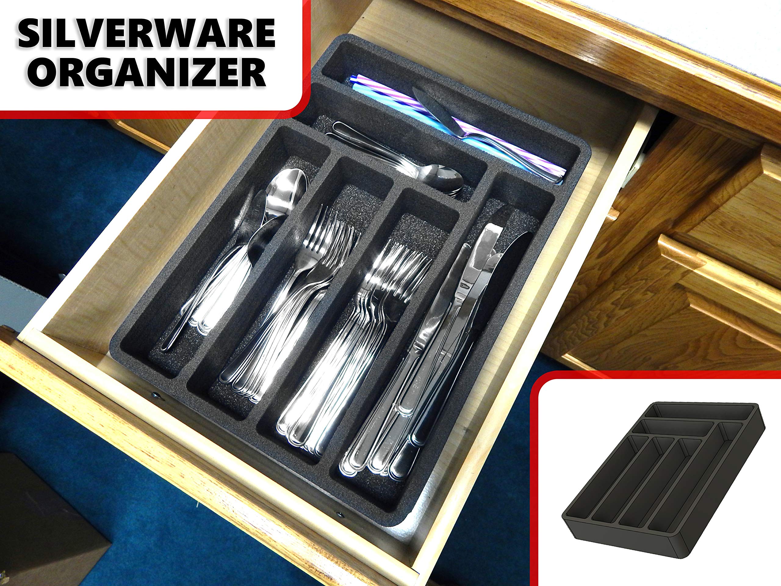 Red Hound Auto Silverware Drawer Organizer 6 Slot Organizational System Utensil Flatware Dividers for Forks Knives RV Non-Slip Tray 15 x 11 x 2.25 Inches Extra Deep Waterproof