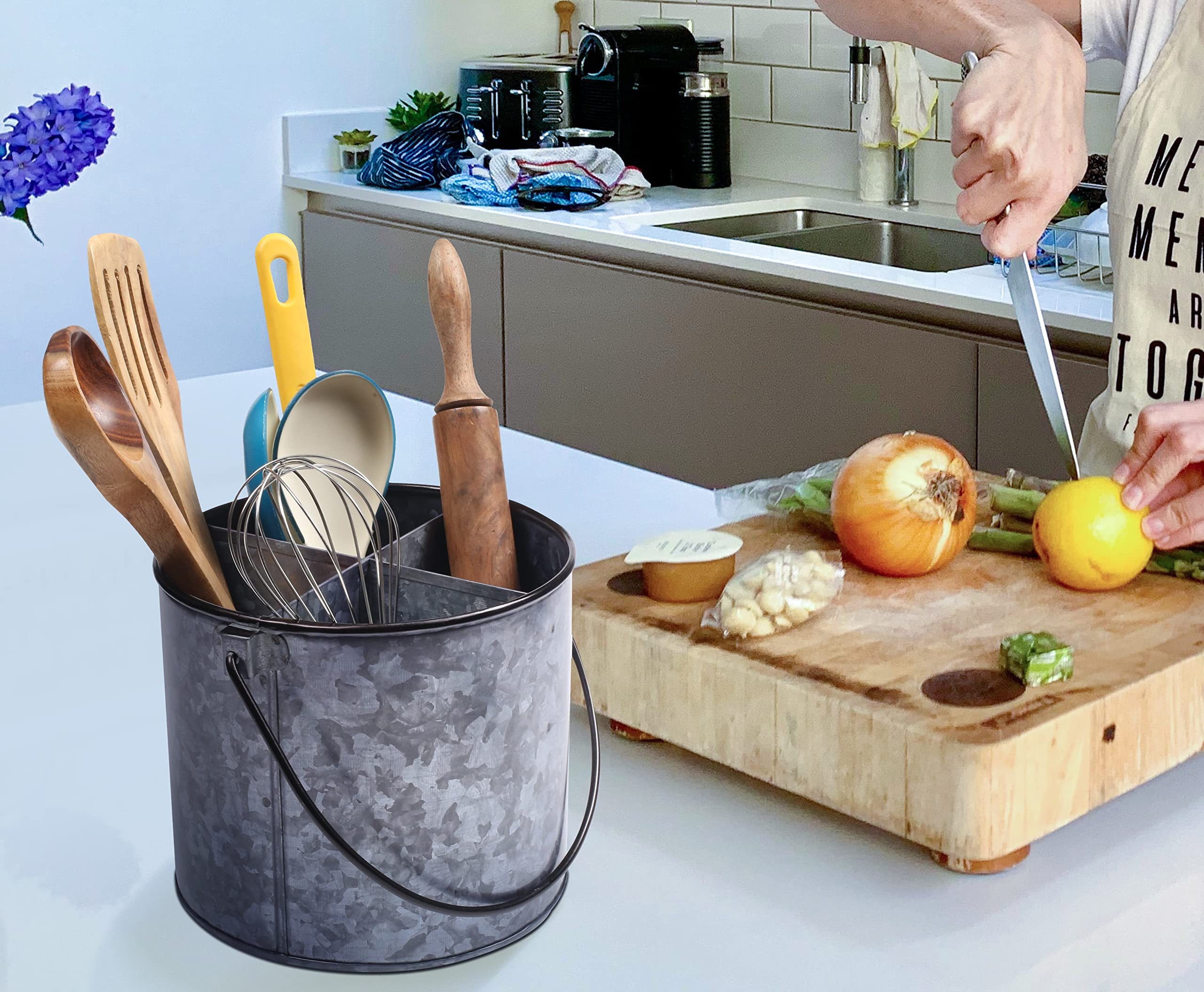 Galvanized Utensil Holder,Utensil Caddy,Galvanized Bucket,Silverware Caddy,Metal Caddy,Outdoor Utensil Caddy,Tin Utensil Holder,Utensil Caddy for Parties,Picnic Caddy,Farmhouse Utensil -Natural