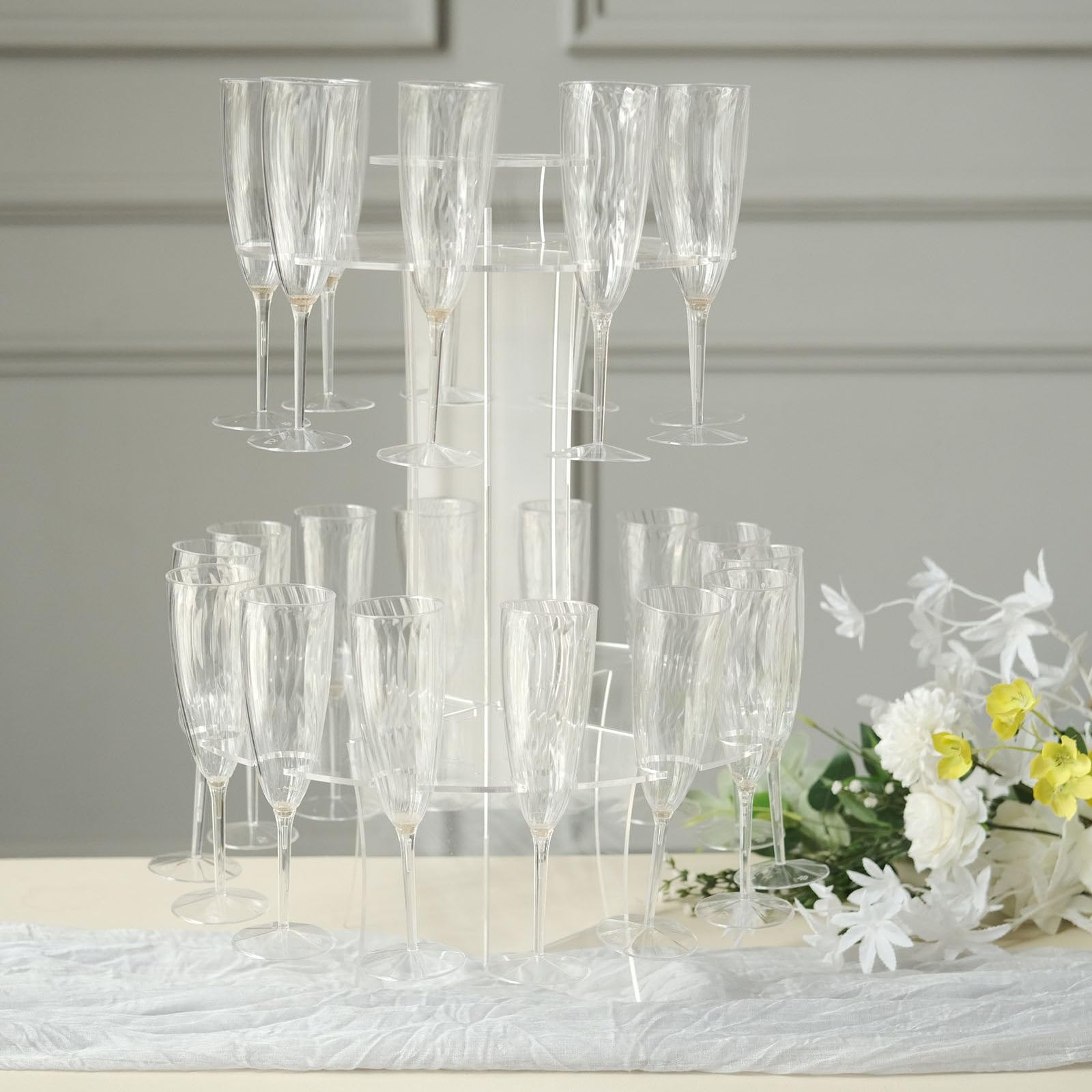 TABLECLOTHSFACTORY 3-Tier Round Clear 21" Acrylic Champagne Glasses Flutes Display Stand, Wine Glass Rack Tower - Holds 23 Stemware + 1 Bottle