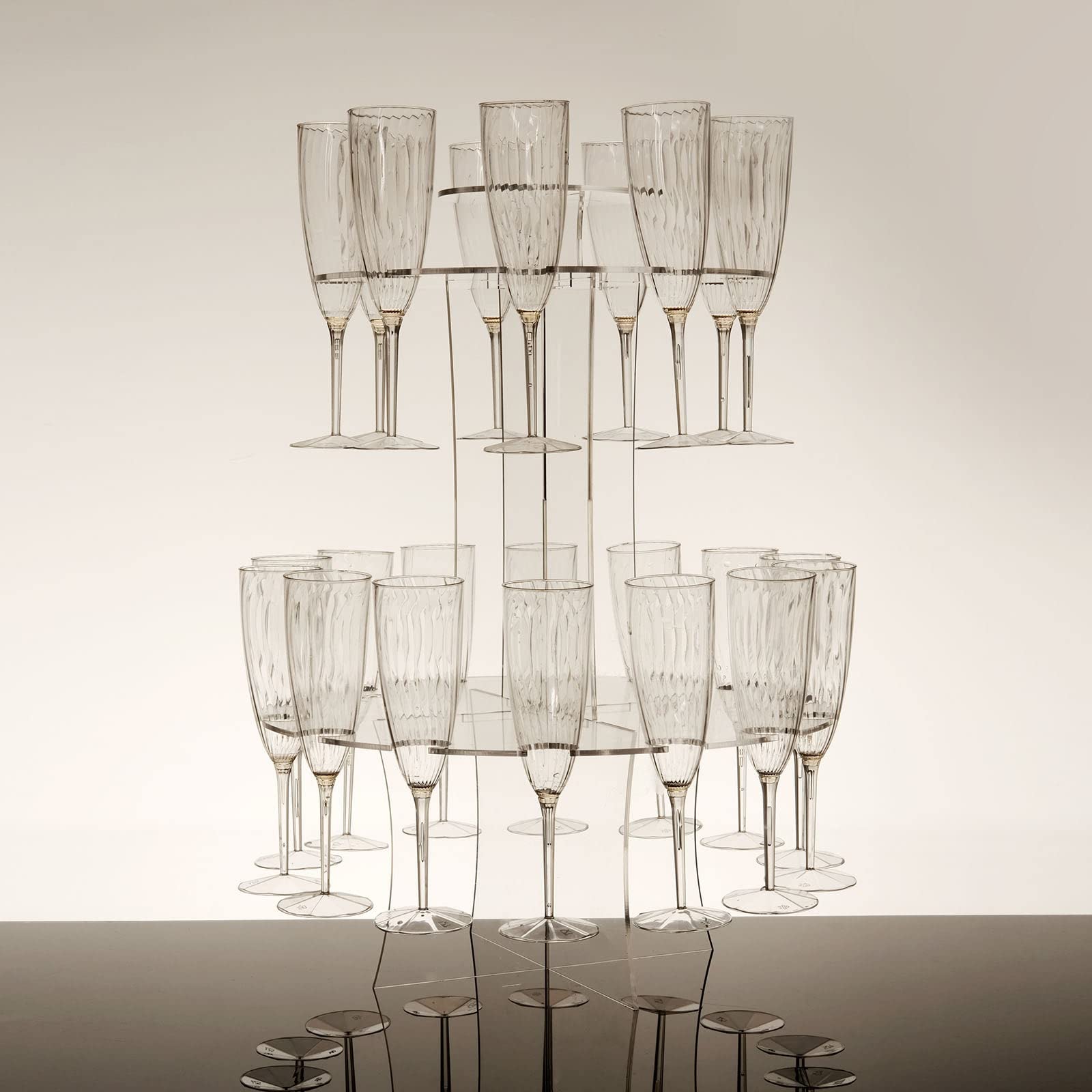 TABLECLOTHSFACTORY 3-Tier Round Clear 21" Acrylic Champagne Glasses Flutes Display Stand, Wine Glass Rack Tower - Holds 23 Stemware + 1 Bottle