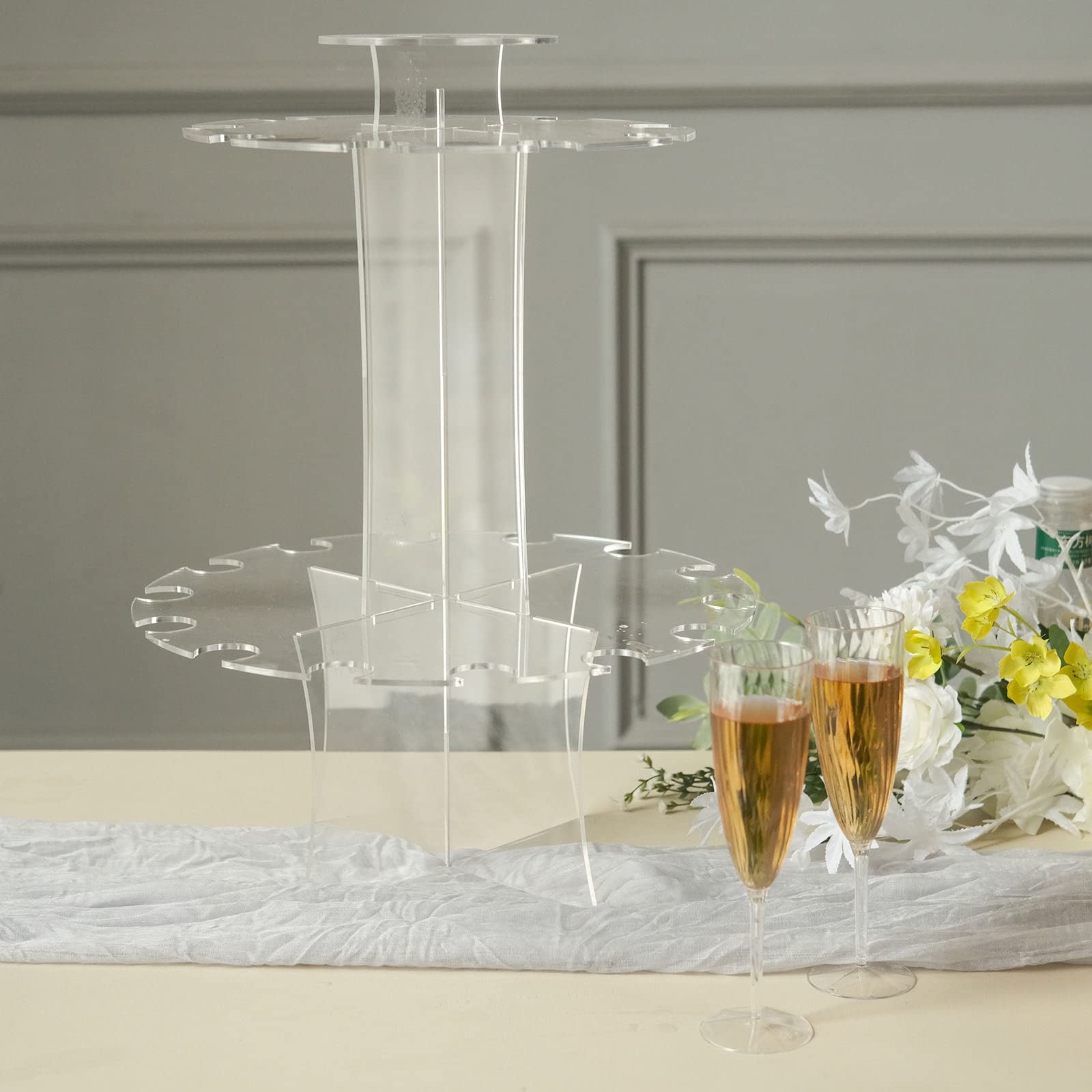 TABLECLOTHSFACTORY 3-Tier Round Clear 21" Acrylic Champagne Glasses Flutes Display Stand, Wine Glass Rack Tower - Holds 23 Stemware + 1 Bottle