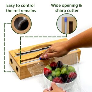 SmartfulHouse 2 in 1 Bamboo Dispenser, Aluminum Foil, Wax Paper, Parchment and Plastic Wrap Dispenser with Cutters for Kitchen Drawer, Roll Organizer Holder, Compatible with 12" Roll