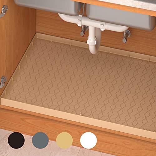 maryha Under Sink Mat for Kitchen Cabinet - Waterproof Silicone Proctor Tray for Leaks, Drips, Spills - Flexible Shelf Liner with Raised Edge and Drain Hole for Kitchen, Bathroom - 34" x 22" Beige