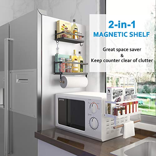 Magnetic Spice Rack, THIPOTEN 2-in-1 Foldable Strong Magnetic Shelf with Paper Towel Holder, Perfect Space Saver for Small Kitchen/Apartment, Easy to Install on The Side of Refrigerator(Black)