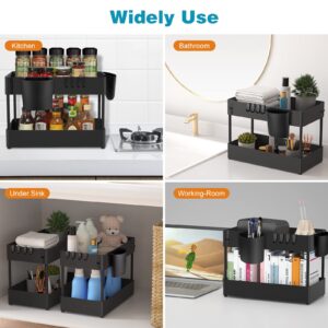 BlumWay 2 Pack Under Sink Organizers and Storage, 2 Tier Sliding Bathroom Cabinet Organizer, Multi-purpose Under Kitchen Sink Shelf with Hooks, for Bathroom/Kitchen Countertop