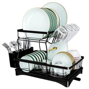 huspossesser dish drying rack for kitchen counter, 2 tier dish rack and drainboard set, large capacity stainless steel dish drainer, dish strainers with utensil holder and cup rack, black