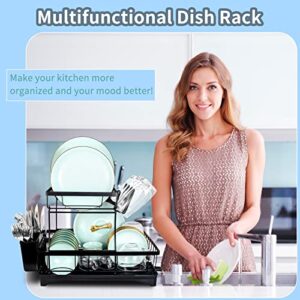 huspossesser Dish Drying Rack for Kitchen Counter, 2 Tier Dish Rack and Drainboard Set, Large Capacity Stainless Steel Dish Drainer, Dish Strainers with Utensil Holder and Cup Rack, Black