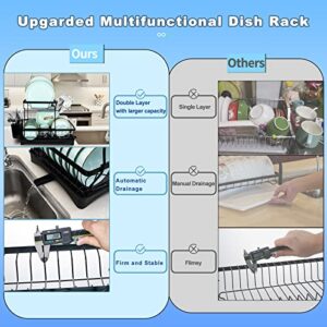 huspossesser Dish Drying Rack for Kitchen Counter, 2 Tier Dish Rack and Drainboard Set, Large Capacity Stainless Steel Dish Drainer, Dish Strainers with Utensil Holder and Cup Rack, Black