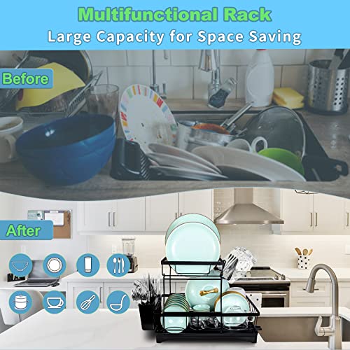 huspossesser Dish Drying Rack for Kitchen Counter, 2 Tier Dish Rack and Drainboard Set, Large Capacity Stainless Steel Dish Drainer, Dish Strainers with Utensil Holder and Cup Rack, Black