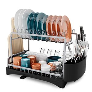 dailyart dish racks for kitchen counter aluminum 2-tier dish drying rack with drainboard，large capacity 6-in-1 dish rack with 360°swivel spout, never rust compact detachable dish drainer, gray