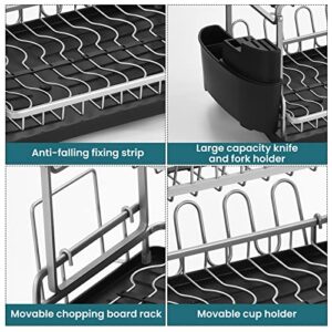 Dailyart Dish Racks for Kitchen Counter Aluminum 2-Tier Dish Drying Rack with Drainboard，Large Capacity 6-in-1 Dish Rack with 360°Swivel Spout, Never Rust Compact Detachable Dish Drainer, Gray