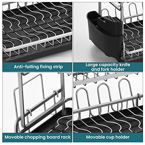 Dailyart Dish Racks for Kitchen Counter Aluminum 2-Tier Dish Drying Rack with Drainboard，Large Capacity 6-in-1 Dish Rack with 360°Swivel Spout, Never Rust Compact Detachable Dish Drainer, Gray