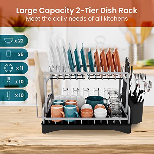 Dailyart Dish Racks for Kitchen Counter Aluminum 2-Tier Dish Drying Rack with Drainboard，Large Capacity 6-in-1 Dish Rack with 360°Swivel Spout, Never Rust Compact Detachable Dish Drainer, Gray