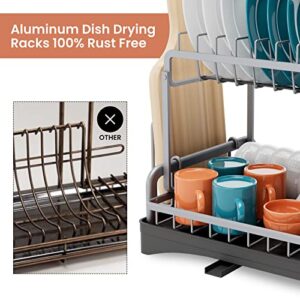 Dailyart Dish Racks for Kitchen Counter Aluminum 2-Tier Dish Drying Rack with Drainboard，Large Capacity 6-in-1 Dish Rack with 360°Swivel Spout, Never Rust Compact Detachable Dish Drainer, Gray