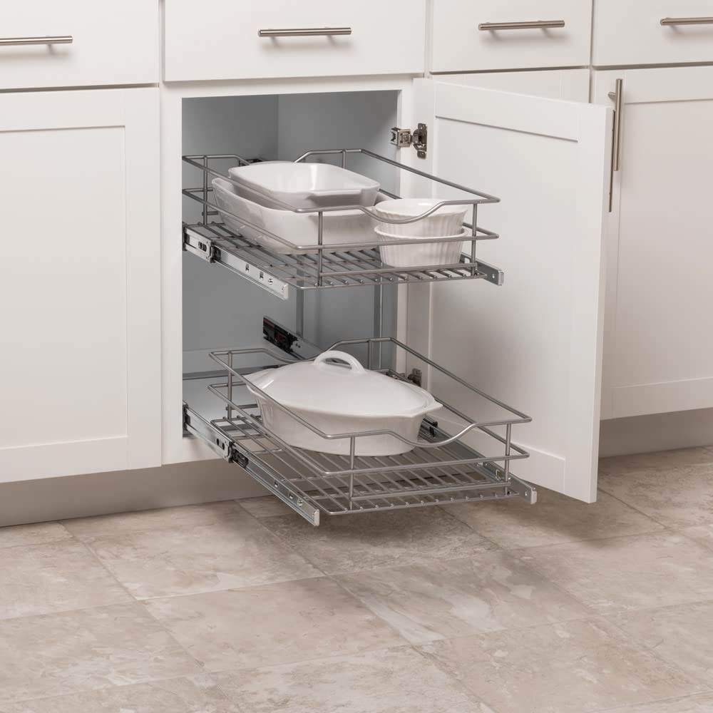 Knape & Vogt Simply Put 14-in W x 19.2-in H Metal 2-Tier Pull Out Cabinet Basket, 14 Inch, Frosted Nickel