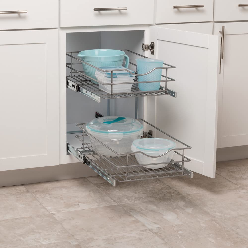 Knape & Vogt Simply Put 14-in W x 19.2-in H Metal 2-Tier Pull Out Cabinet Basket, 14 Inch, Frosted Nickel