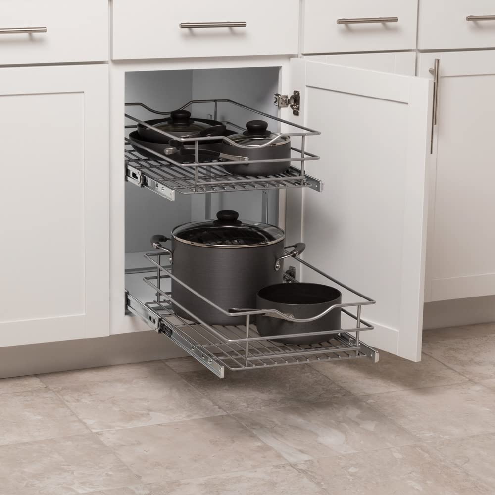 Knape & Vogt Simply Put 14-in W x 19.2-in H Metal 2-Tier Pull Out Cabinet Basket, 14 Inch, Frosted Nickel