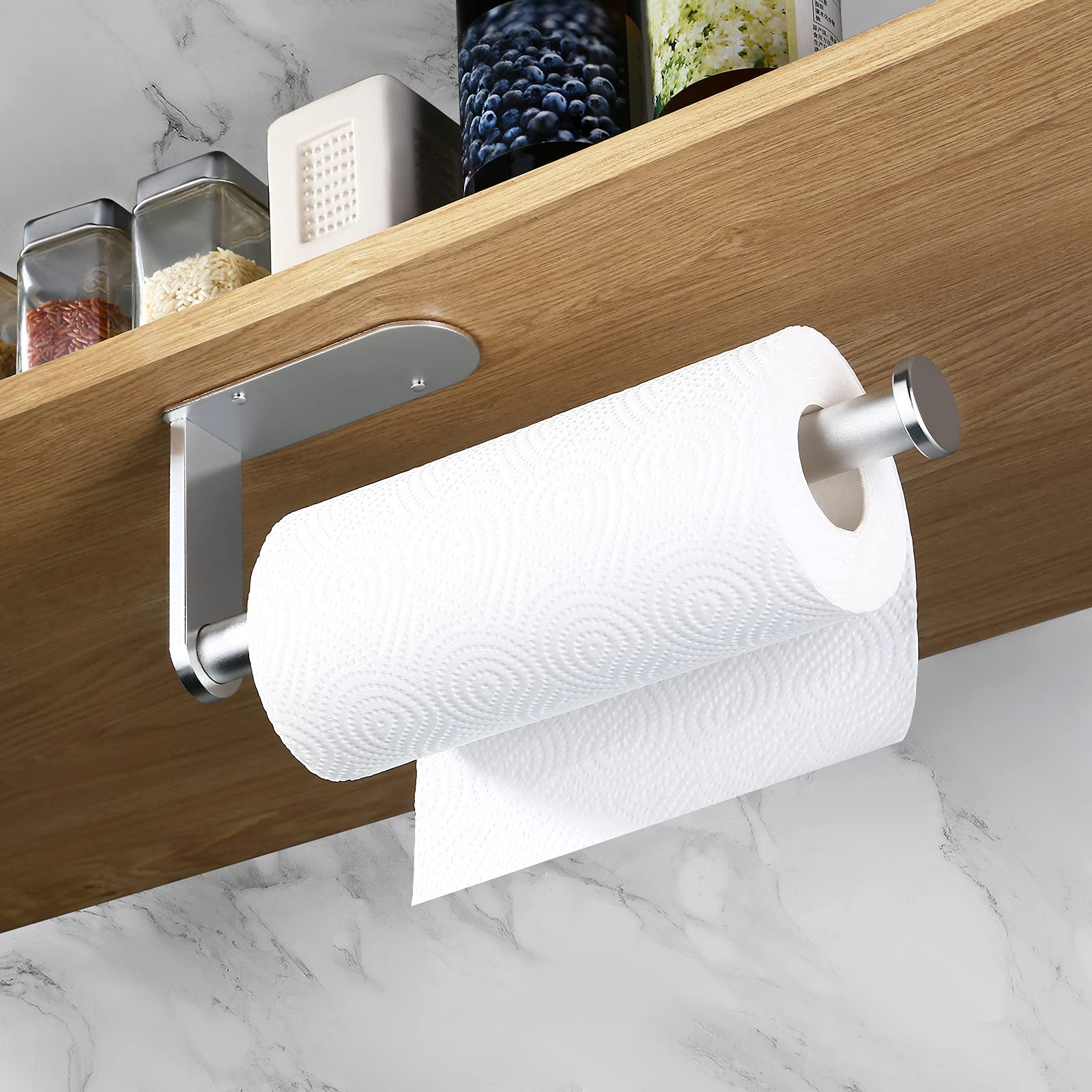 KES Paper Towel Holder Wall Mount or Under Cabinet, Adhesive Paper Towel Roll Holder for Kitchen, Screws and Self-Adhesive Strip Included, Aluminum Silver Finish, KPH400