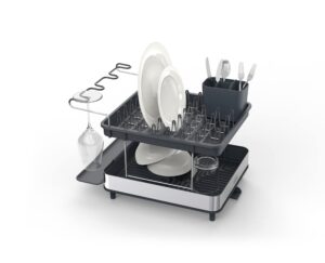 joseph joseph dish drying rack with wine glass holder - space-saving 2-tier design with fast draining system