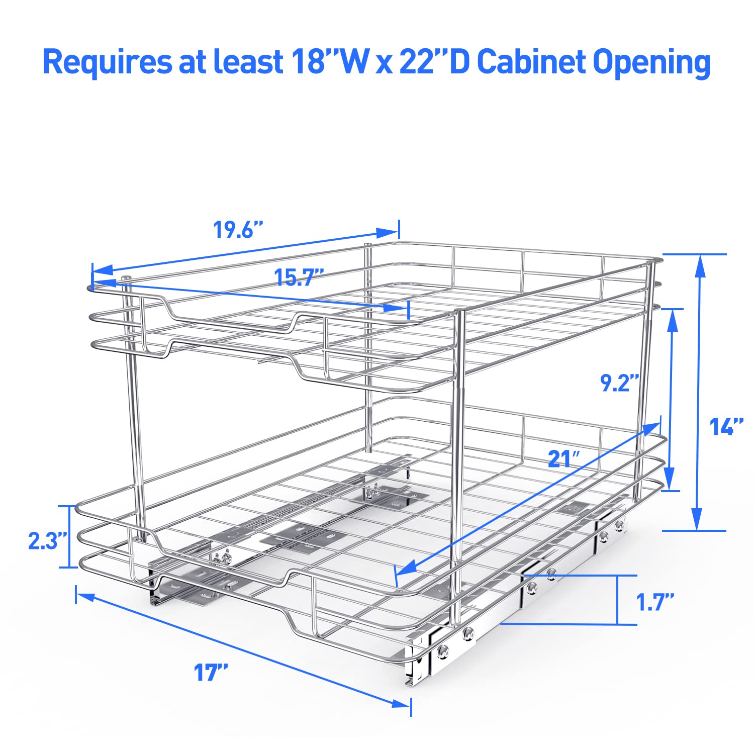 Lxmons 2 Tier Pull-out Cabinet Organizer, 17" W x 21" D Kitchen Under Sink Organizer, Slide Out Home Spice Rack Storage for Pots and Cans, Drawer Pantry Shelf Organization for Bathroom Base, Chrome