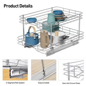 Lxmons 2 Tier Pull-out Cabinet Organizer, 17" W x 21" D Kitchen Under Sink Organizer, Slide Out Home Spice Rack Storage for Pots and Cans, Drawer Pantry Shelf Organization for Bathroom Base, Chrome