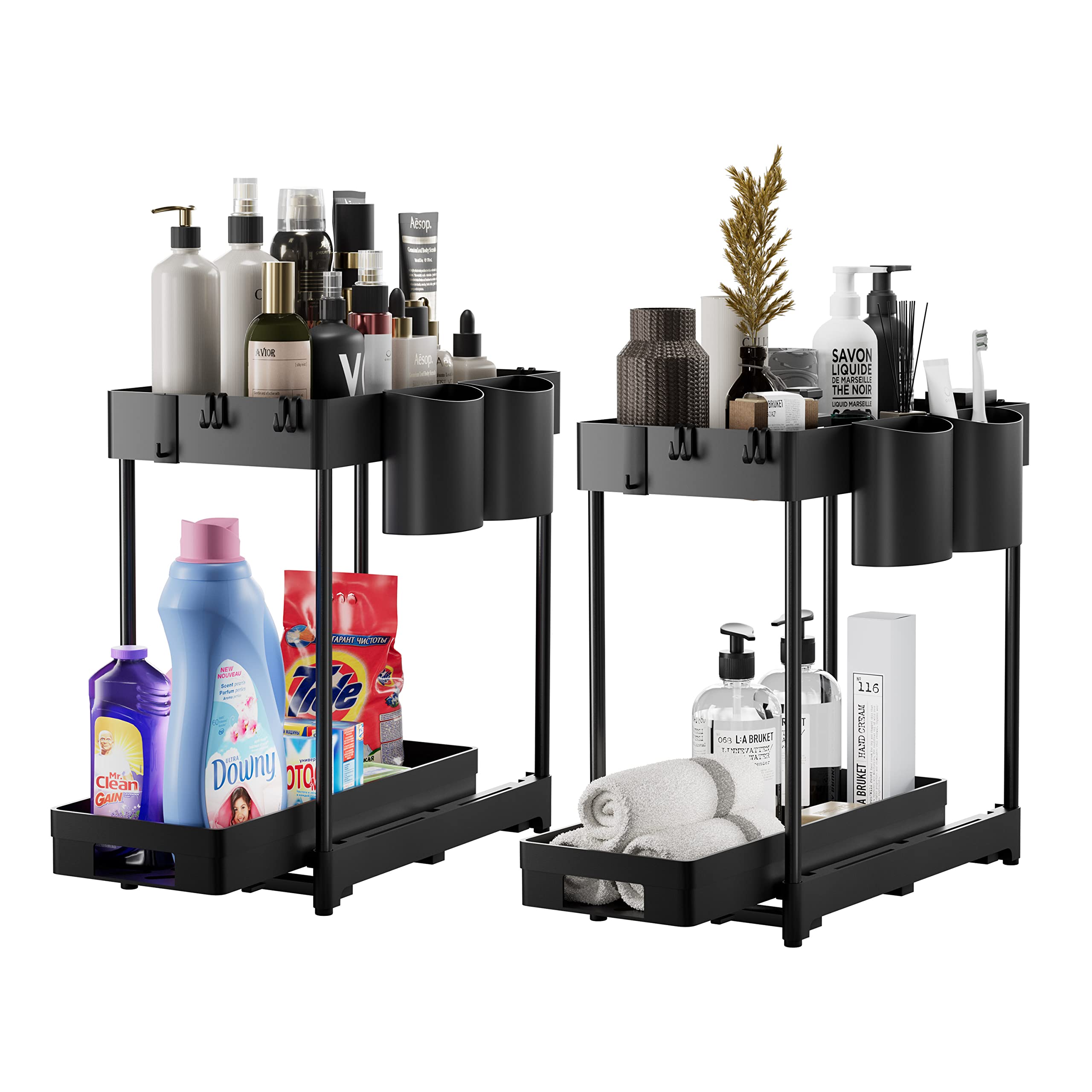 Yciuse Under Sink Organizers and Storage, 2-Tier Bathroom CabinetOrganiz With Sliding Drawers, Basket Organizer Kitchen OrganizationUnder Sink Storage Shelves with Hooks Hanging Cup Dividers 2 Pack