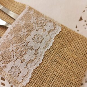 Lucky Monet 25PCS Silverware Holder Bag 4 x 8Inch Natural Burlap Lace Utensil Holder Cutlery Pouch Wraps Bag Hessian Knife Fork Tableware Bags for Wedding Party Restaurant Decoration (25PCS)