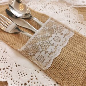 Lucky Monet 25PCS Silverware Holder Bag 4 x 8Inch Natural Burlap Lace Utensil Holder Cutlery Pouch Wraps Bag Hessian Knife Fork Tableware Bags for Wedding Party Restaurant Decoration (25PCS)