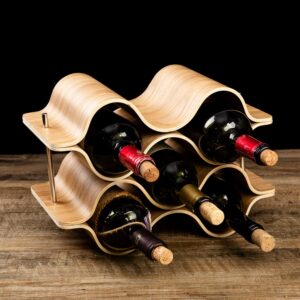 Asian Home 6 Bottle 4-Tier Wave Desktop Wine Rack Freestanding Countertop Bottle Holder for Wine Storage, Wood, Modern and Minimalist