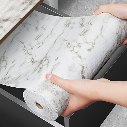 Shelf and Drawer Liner for Kitchen Cabinet Non Adhesive Fridge Liner Washable Reusable Easy to Clean Strong Grip Liner for Cabinets, Dresser, Cupboard Drawers, White Marble (12 in x 20 FT)