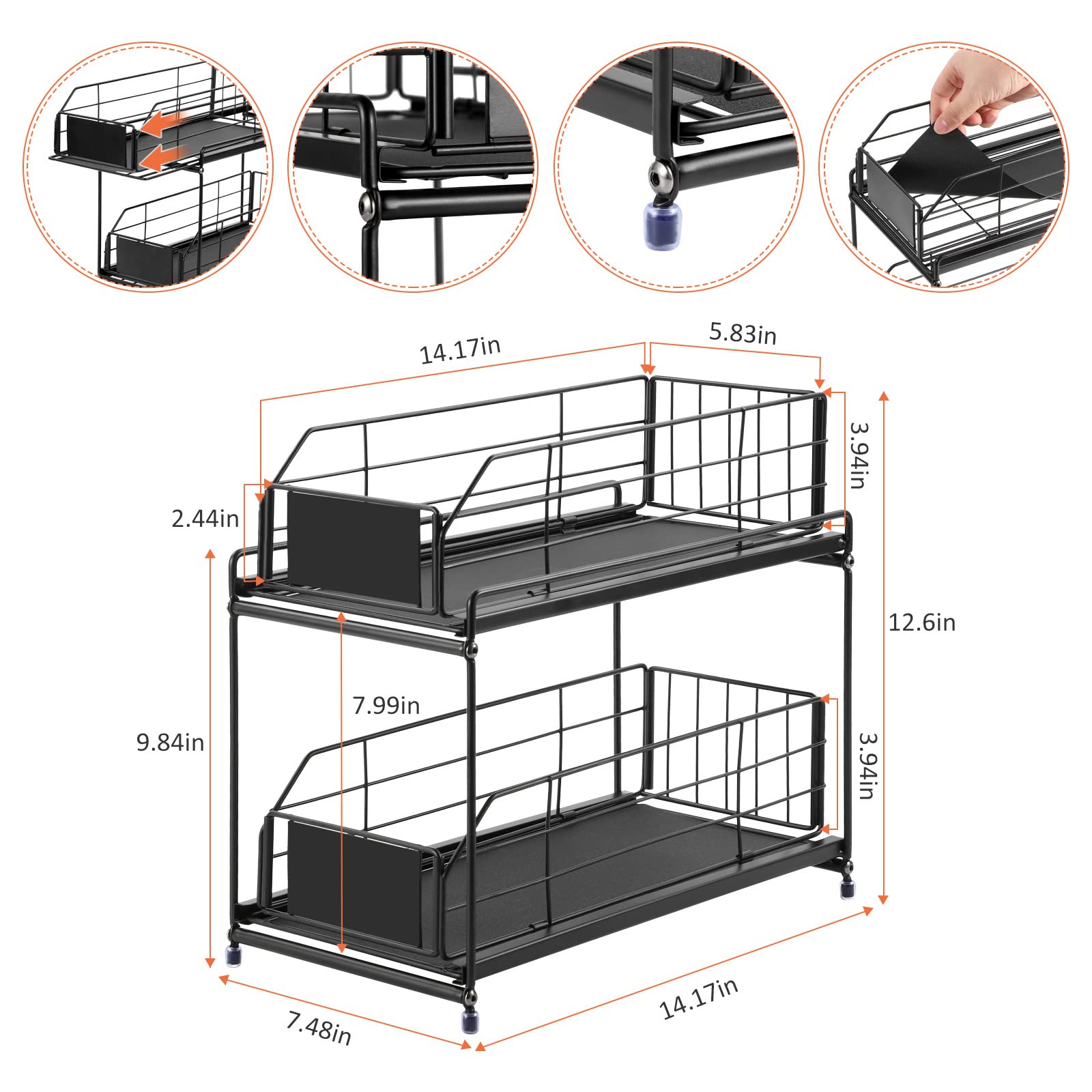 MOOACE 2 Pack Sliding Cabinet Basket Organizer, Bathroom Organizer Under Sink Shelf, Under Kitchen Cabinet Organizer, 2 Tier Multi-purpose Under Sink Storage Rack, Black