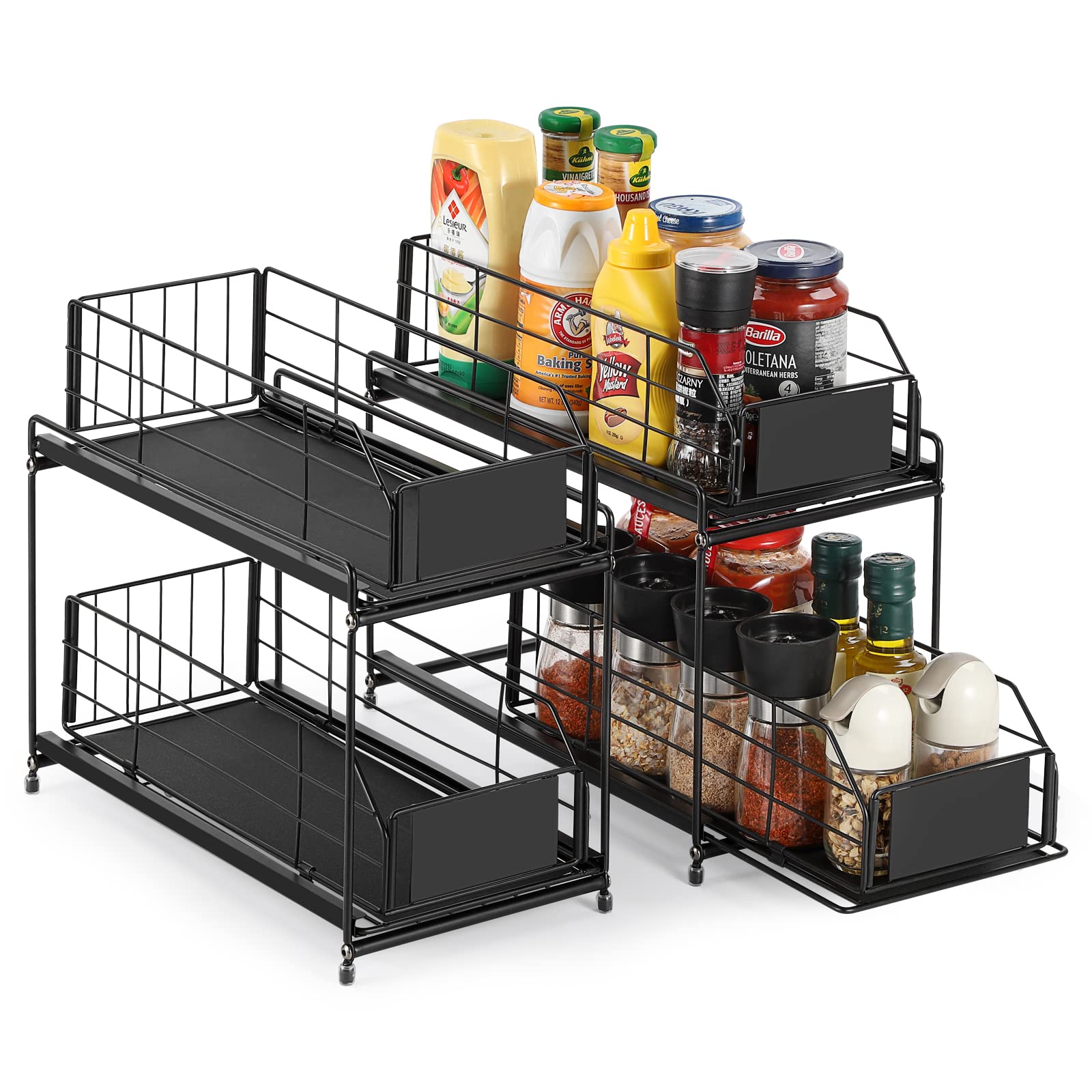 MOOACE 2 Pack Sliding Cabinet Basket Organizer, Bathroom Organizer Under Sink Shelf, Under Kitchen Cabinet Organizer, 2 Tier Multi-purpose Under Sink Storage Rack, Black