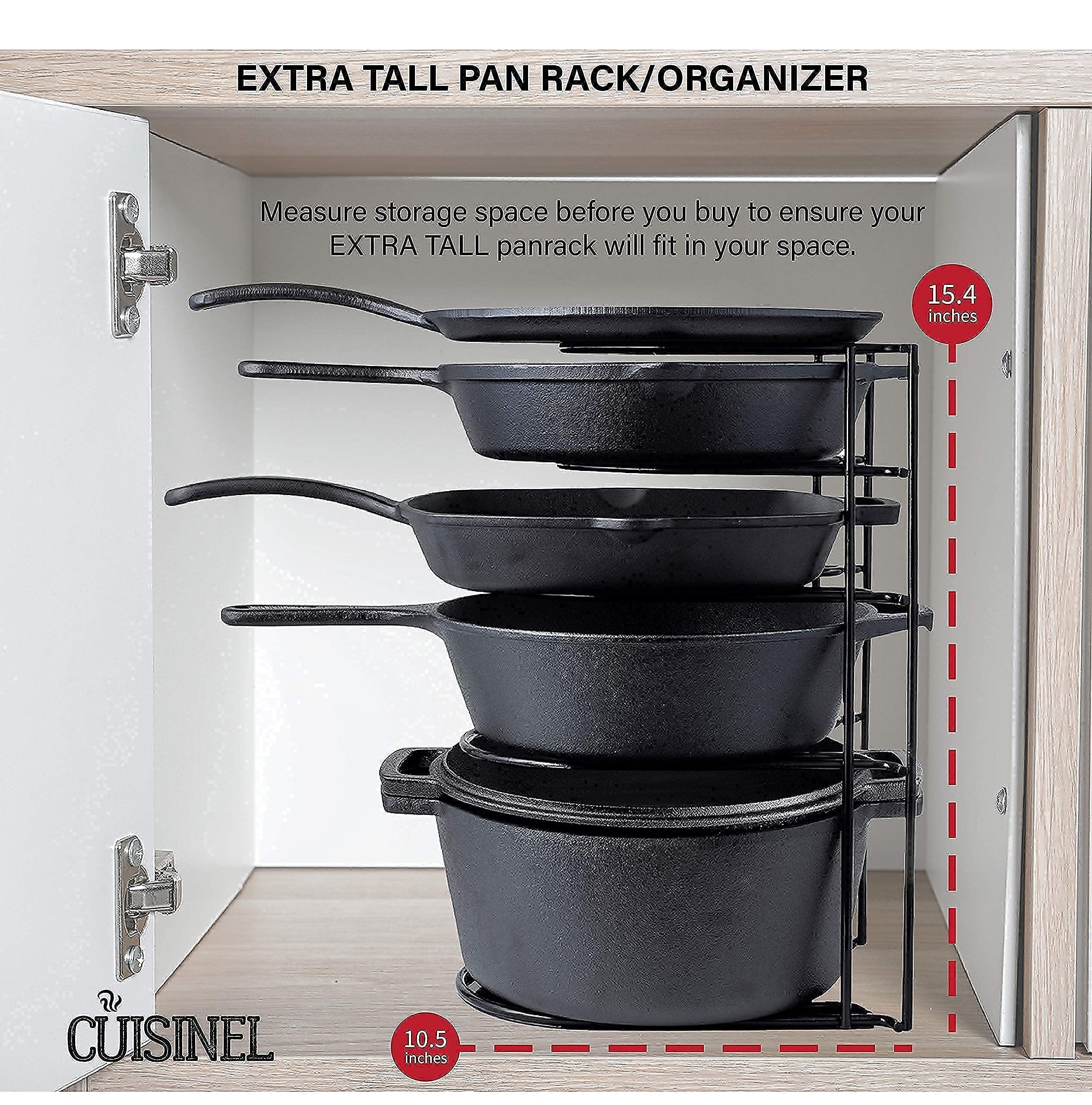 Heavy Duty Pan Organizer - 12" + 15"-Tall - 5 Tier Rack - Holds up to 50 LB - Holds Cast Iron Skillets, Griddles and Shallow Pots - Durable Steel Construction - Kitchen Storage - No Assembly Required