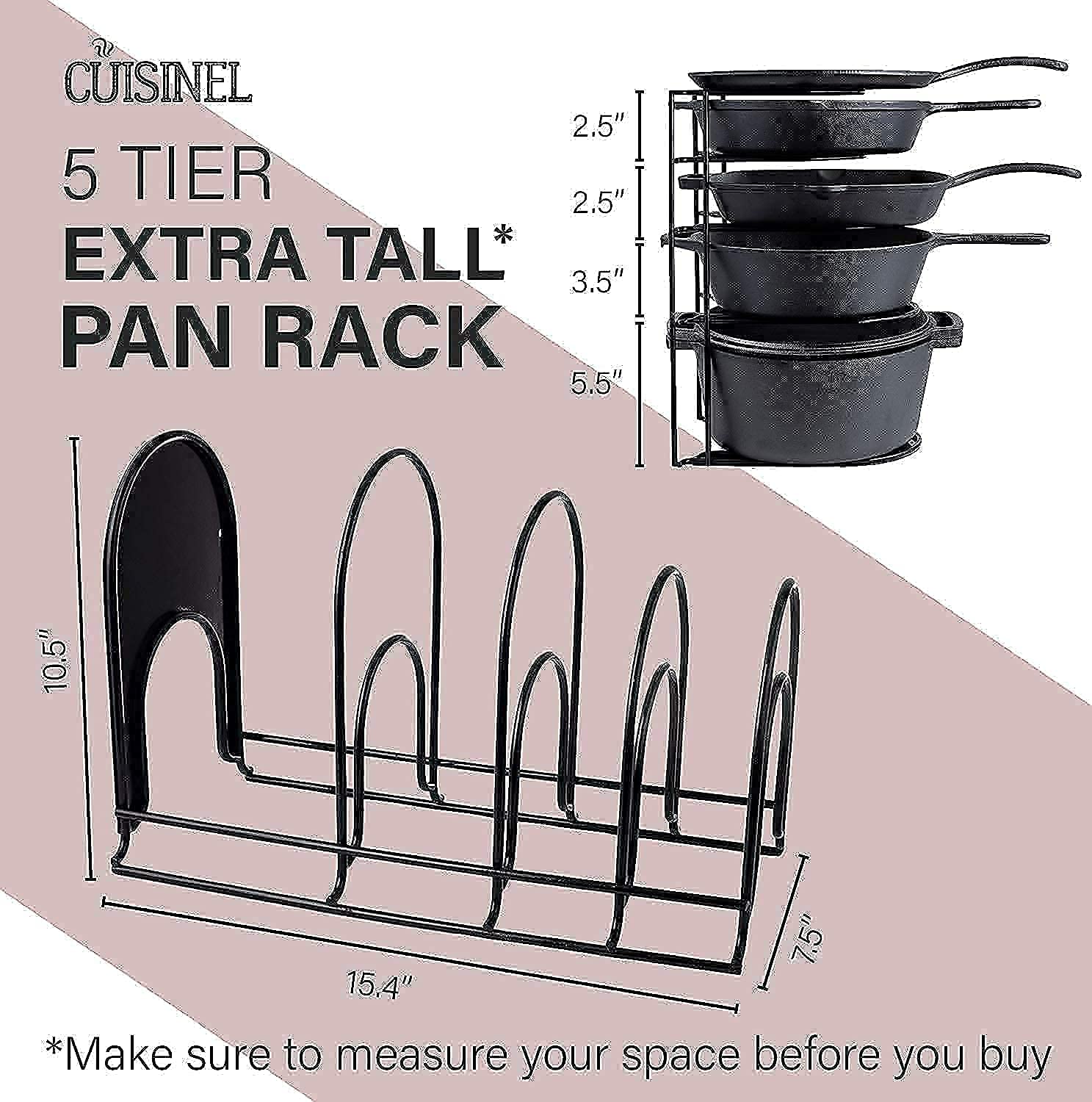 Heavy Duty Pan Organizer - 12" + 15"-Tall - 5 Tier Rack - Holds up to 50 LB - Holds Cast Iron Skillets, Griddles and Shallow Pots - Durable Steel Construction - Kitchen Storage - No Assembly Required